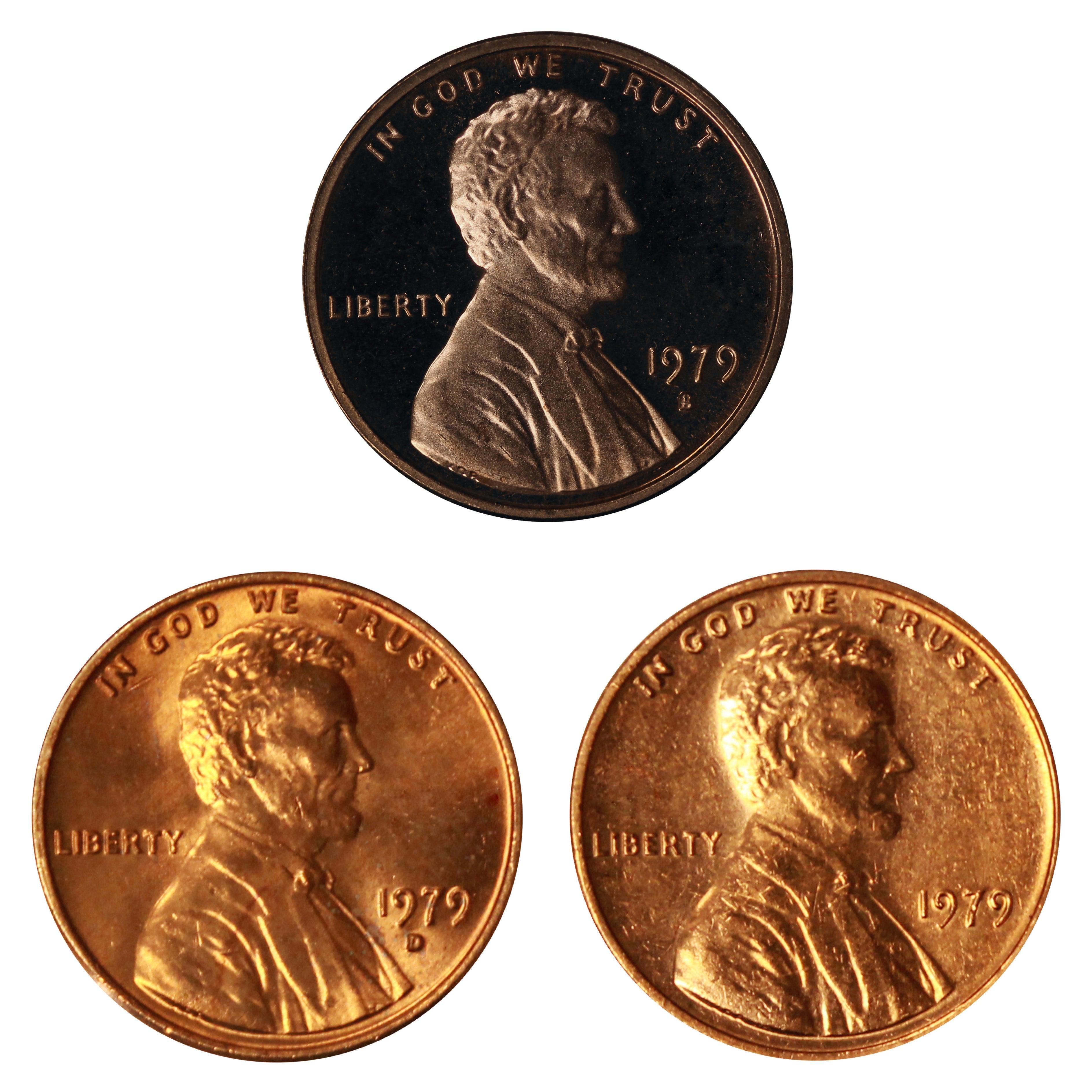 1979 P D S Lincoln Memorial Cent 1c Year set Proof & BU US 3 Coin lot