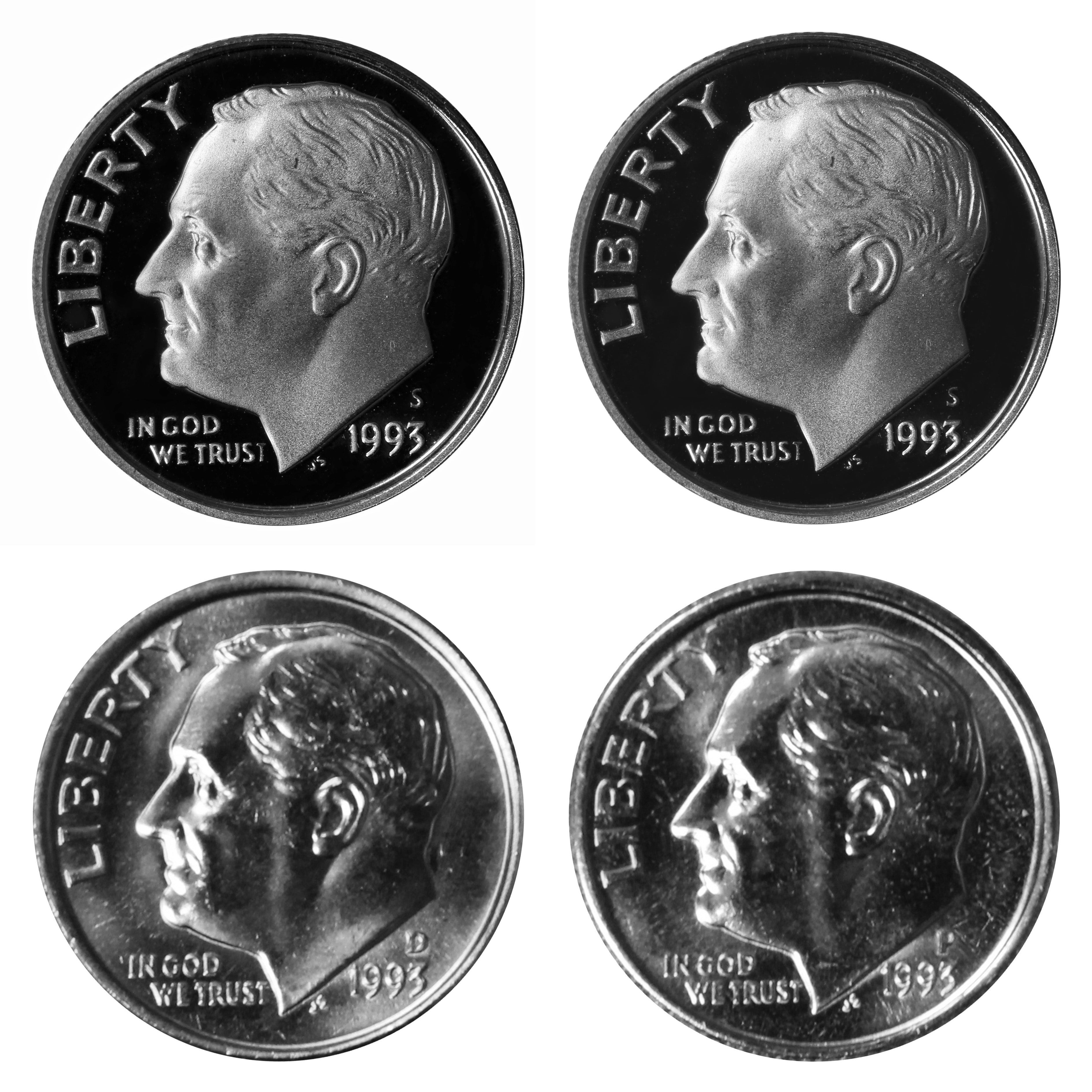 1993 P D S S Roosevelt Dime 10c Year set Proof & BU 4 Coin Set w/ Silv