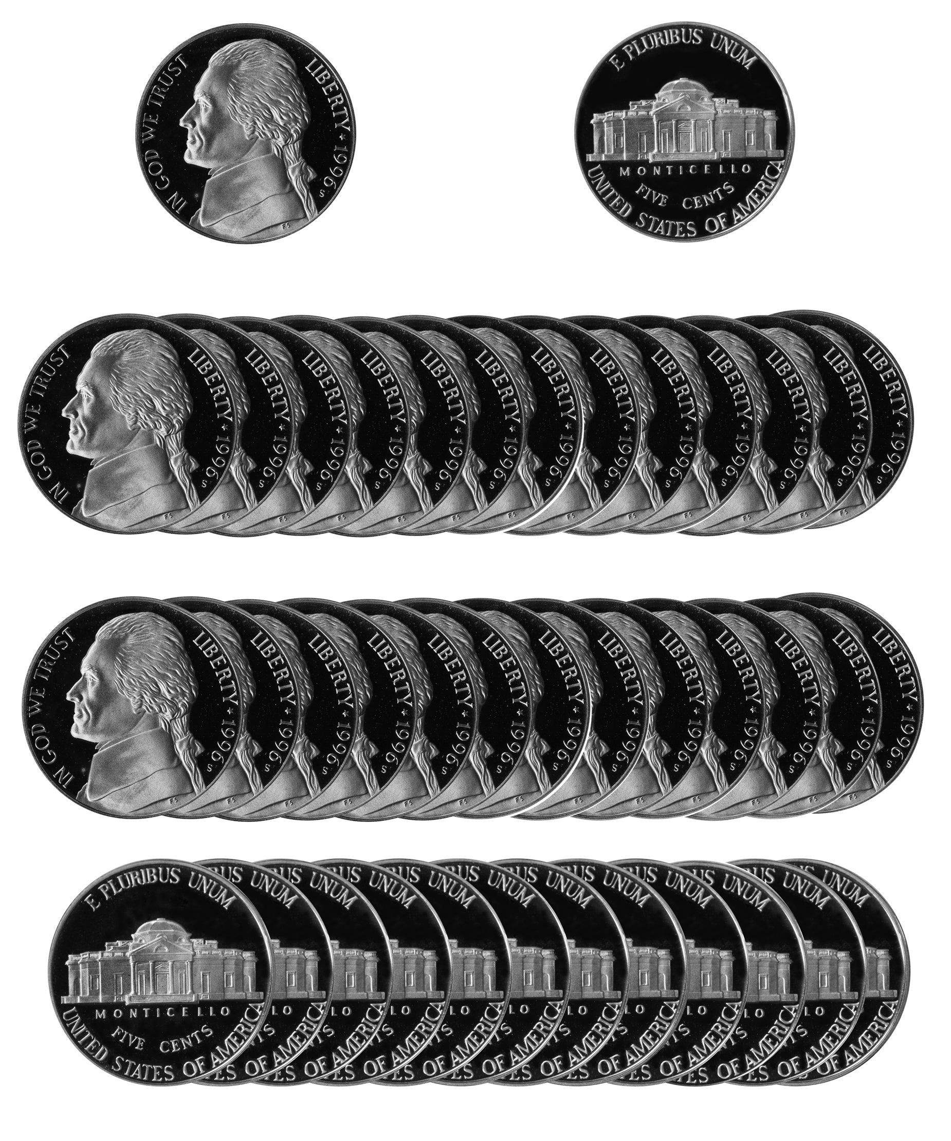 1996 S Jefferson Nickel Gem Proof Roll (40 Coins)